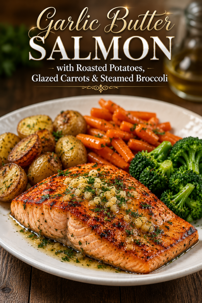 Garlic Butter Salmon with Roasted Potatoes, Glazed Carrots & Steamed ...