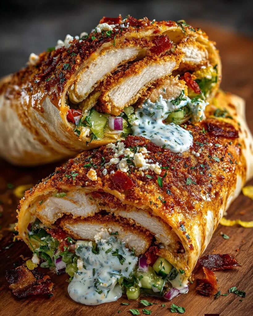 Crispy Hot Honey Feta Chicken Wrap with Lemon Garlic Yogurt Drizzle ...