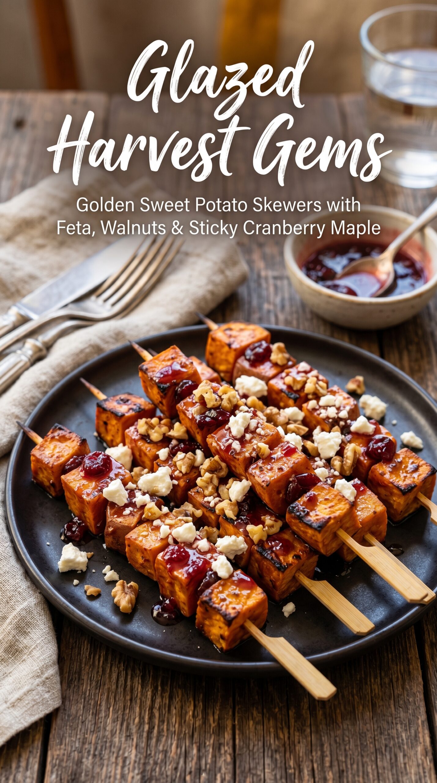 Golden Sweet Potato Skewers with Feta, Walnuts & Sticky Cranberry Maple ...