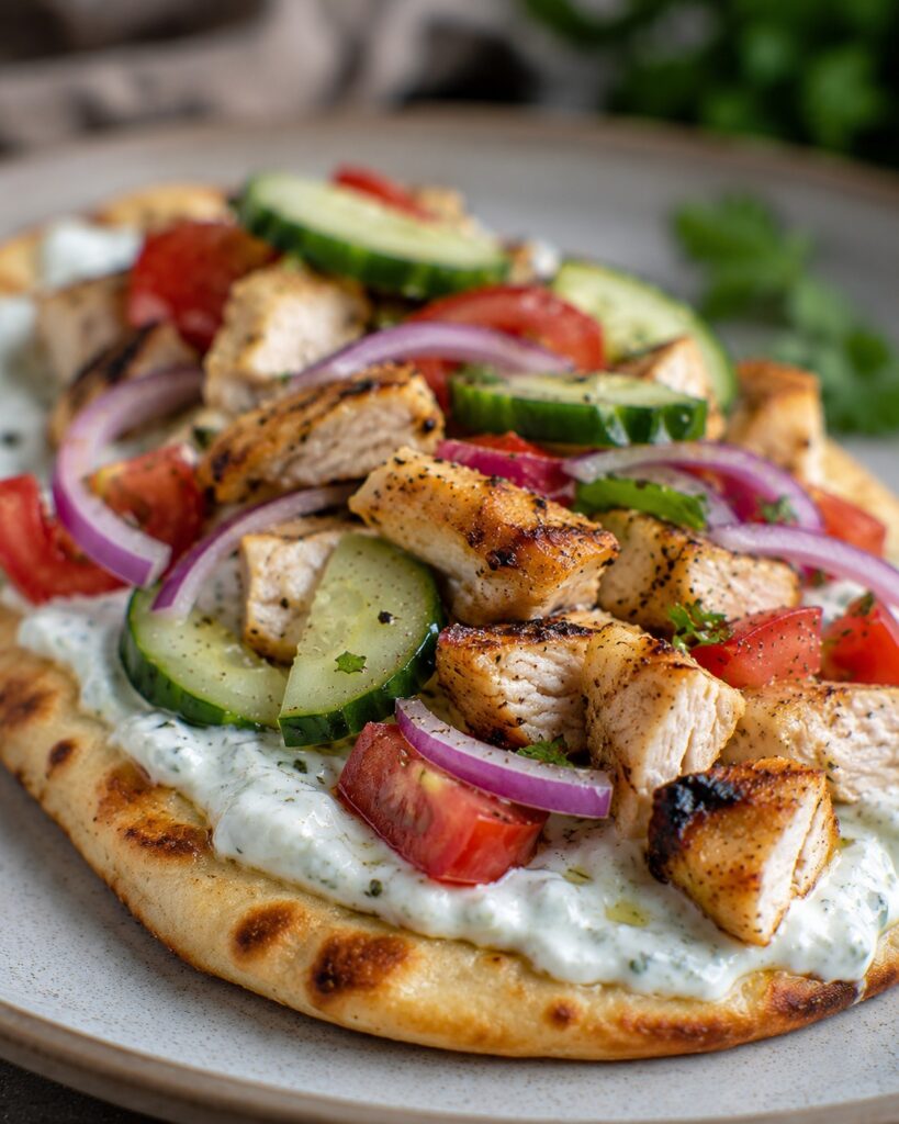 Creamy Greek Chicken Flatbread with Tzatziki, Cucumbers, Tomatoes & Red ...
